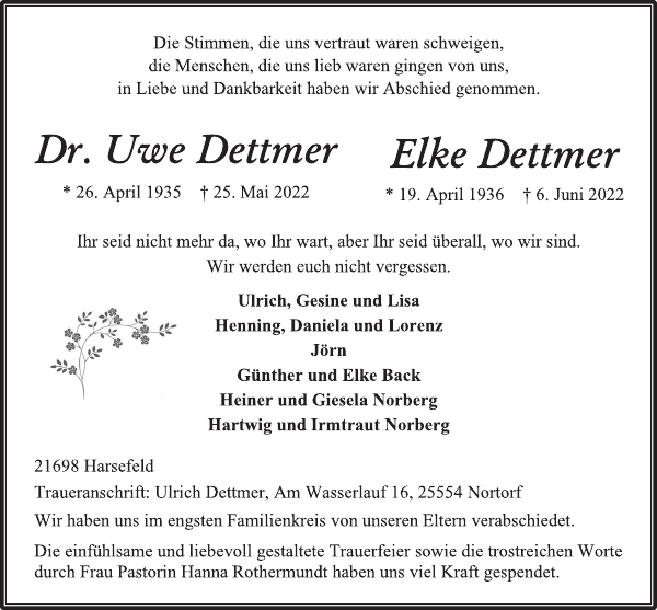 Dr. Uwe Dettmer und Elke Dettmer: Traueranzeige : Stader Tageblatt