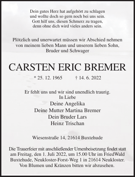 CARSTEN ERIC BREMER: Traueranzeige : Stader Tageblatt