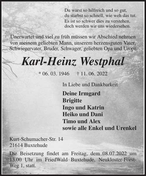Karl-Heinz Westphal: Traueranzeige : Stader Tageblatt