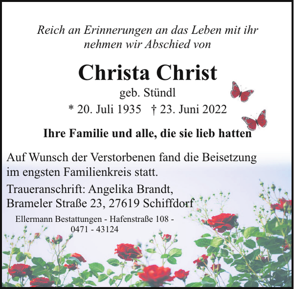 Christa Christ: Gedenken : Nordsee-Zeitung