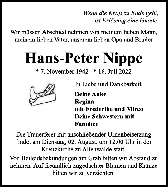 Hans-Peter Nippe: Traueranzeige : Cuxhavener Nachrichten