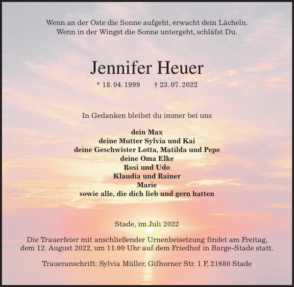 Jennifer Heuer: Traueranzeige : Stader Tageblatt