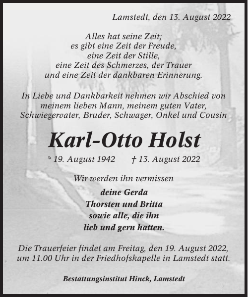 Karl-Otto Holst: Traueranzeige : Niederelbe-Zeitung