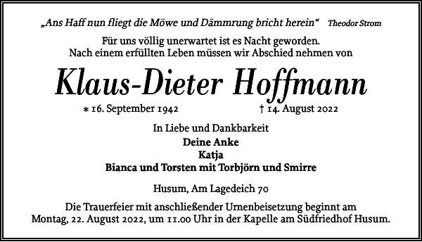 Klaus-Dieter Hoffmann : Danksagung : Husumer Nachrichten Klaus-Dieter Hoffmann : Danksagung : Husumer Nachrichten