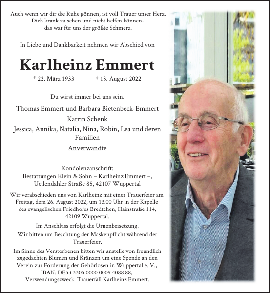 Karlheinz Emmert: Traueranzeige : Westdeutsche Zeitung