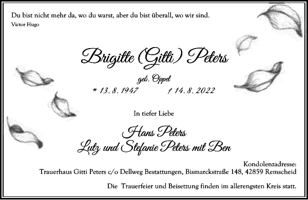 Brigitte Peters: Traueranzeige : Remscheider General-Anzeiger