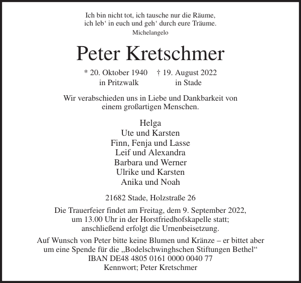 Peter Kretschmer: Traueranzeige : Stader Tageblatt