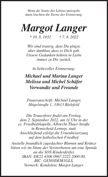 Margot Langer: Traueranzeige : Remscheider General-Anzeiger