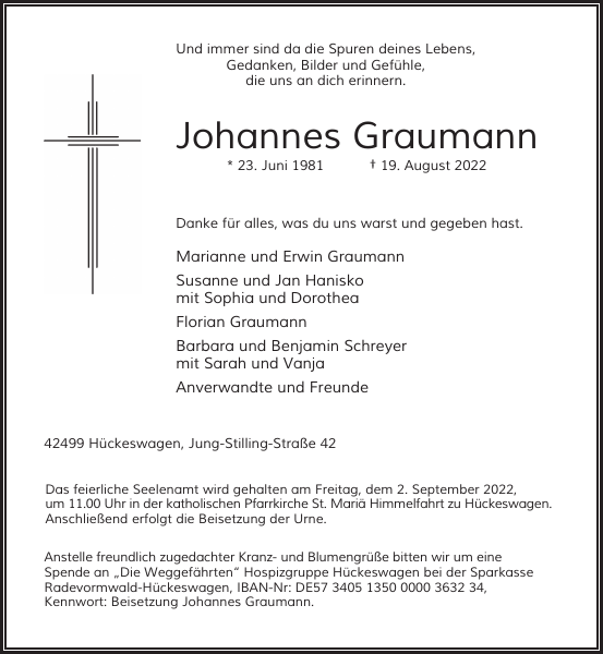 Johannes Graumann: Traueranzeige : Remscheider General-Anzeiger