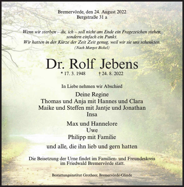 Dr. Rolf Jebens : Traueranzeige : Bremervörder Zeitung