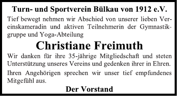 Christiane Freimuth: Gedenken : Niederelbe-Zeitung