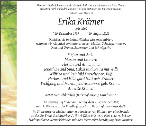 Erika Krämer: Traueranzeige : Remscheider General-Anzeiger