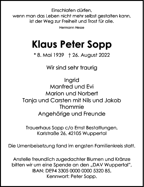 Klaus Peter Sopp: Traueranzeige : Westdeutsche Zeitung