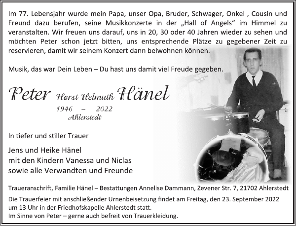 Peter Hänel: Traueranzeige : Stader Tageblatt