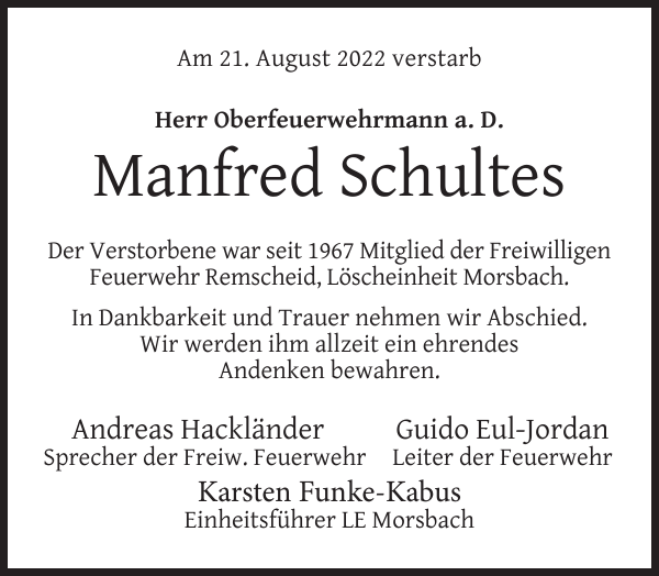 Nachruf Manfred Schultes: Traueranzeige : Remscheider General-Anzeiger