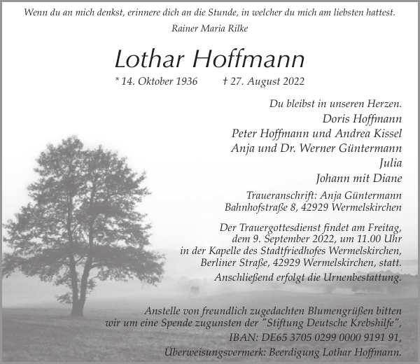 Lothar Hoffmann: Traueranzeige : Remscheider General-Anzeiger