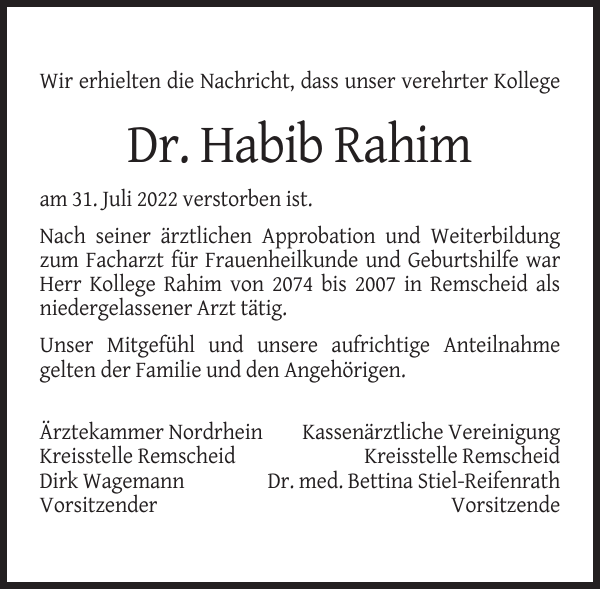 Habib Rahim: Traueranzeige : Remscheider General-Anzeiger Habib Rahim: Traueranzeige : Remscheider General-Anzeiger