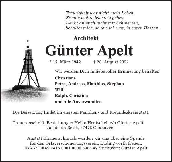 Günter Apelt: Traueranzeige : Cuxhavener Nachrichten