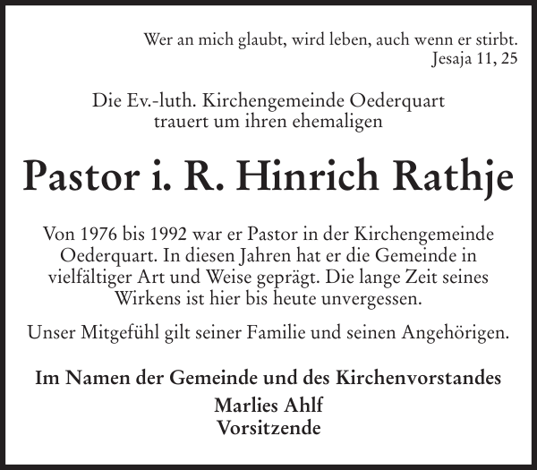 Pastor i. R. Hinrich Rathje: Nachruf : Stader Tageblatt