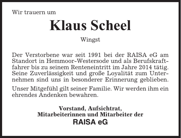 Klaus Scheel : Gedenken : Niederelbe-Zeitung