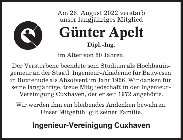 Günter Apelt: Gedenken : Cuxhavener Nachrichten
