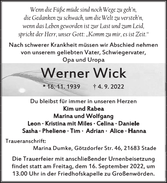 Werner Wick: Traueranzeige : Stader Tageblatt
