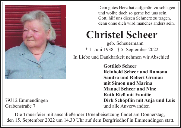 Christel Scheer: Traueranzeige : Badische Zeitung