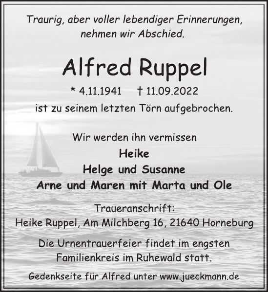 Alfred Ruppel: Traueranzeige : Stader Tageblatt