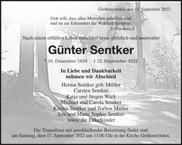 Guenter Sentker: Traueranzeige : Stader Tageblatt