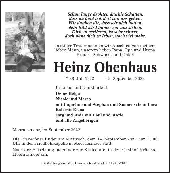 Heinz Obenhaus: Traueranzeige : Niederelbe-Zeitung