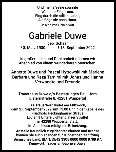 Gabriele Duwe: Traueranzeige : Westdeutsche Zeitung