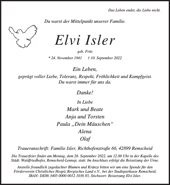 Elvi Isler: Traueranzeige : Remscheider General-Anzeiger