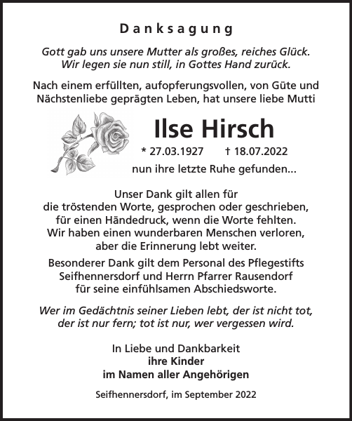 Ilse Hirsch: Traueranzeige : Sächsische Zeitung