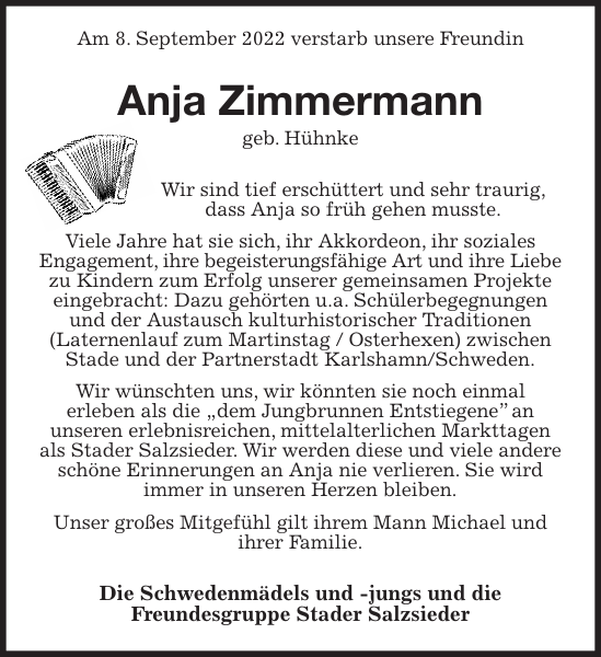 Anja Zimmermann: Nachruf : Stader Tageblatt