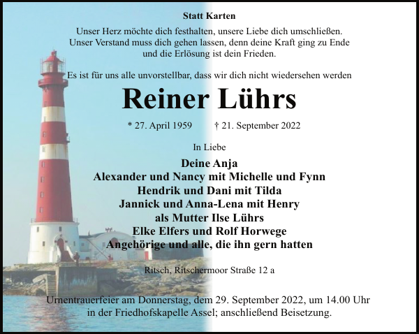 Reiner Lührs: Traueranzeige : Stader Tageblatt