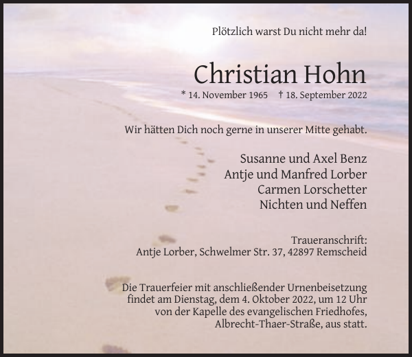 Christian Hohn: Traueranzeige : Remscheider General-Anzeiger