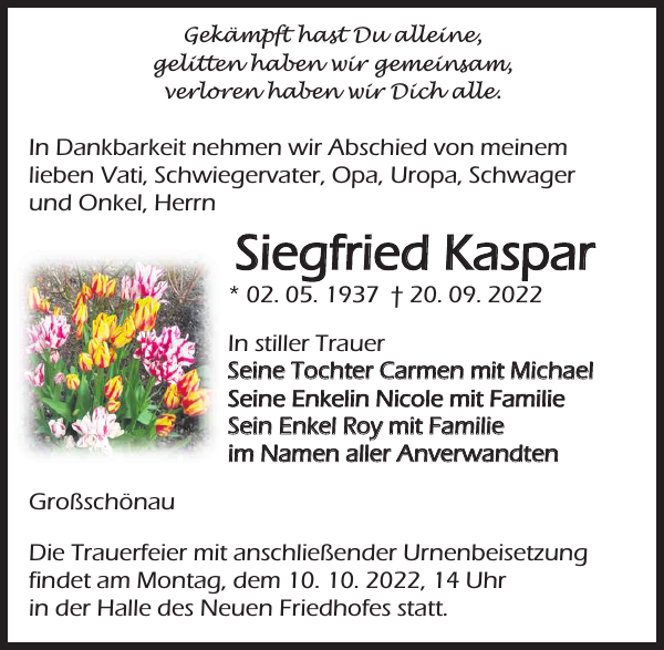 Siegfried Kaspar : Traueranzeige : Sächsische Zeitung