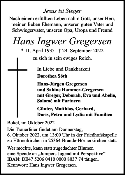 Hans Ingwer Gregersen: Traueranzeige : Elmshorner Nachrichten Hans Ingwer Gregersen: Traueranzeige : Elmshorner Nachrichten