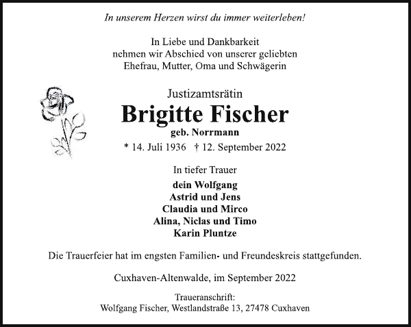 Brigitte Fischer : Traueranzeige : Cuxhavener Nachrichten