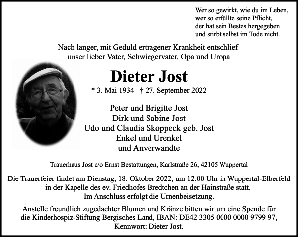 Dieter Jost: Traueranzeige : Westdeutsche Zeitung