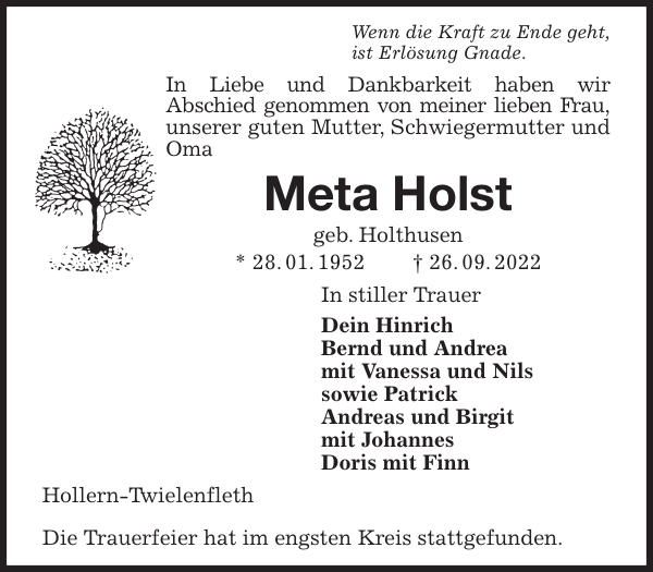 Meta Holst: Traueranzeige : Stader Tageblatt