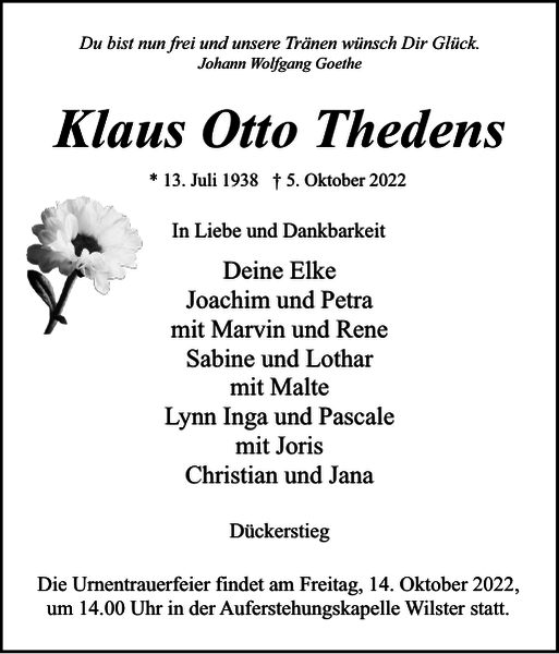Klaus Otto Thedens Traueranzeige Norddeutsche Rundschau