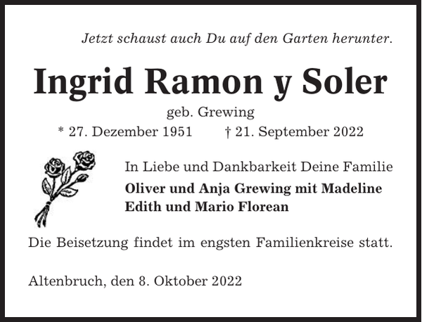 Ingrid Ramon y Soler: Traueranzeige : Cuxhavener Nachrichten