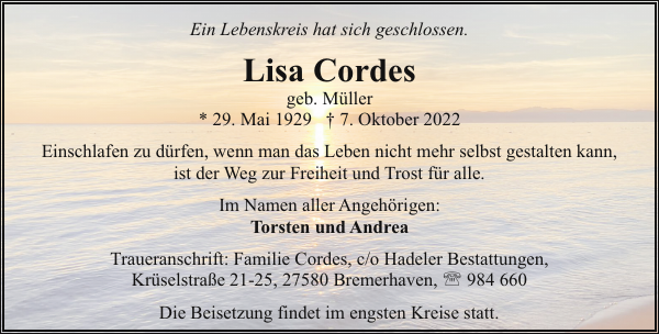 Lisa Cordes: Gedenken : Nordsee-Zeitung