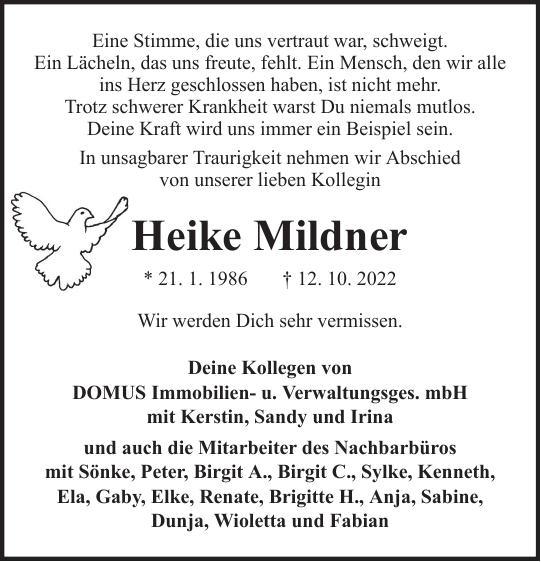 Heike Mildner: Traueranzeige : Nordsee-Zeitung