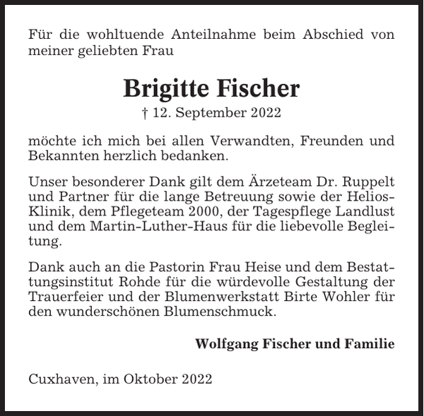 Brigitte Fischer: Danksagung : Cuxhavener Nachrichten