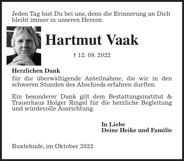 Hartmut Vaak: Danksagung : Stader Tageblatt