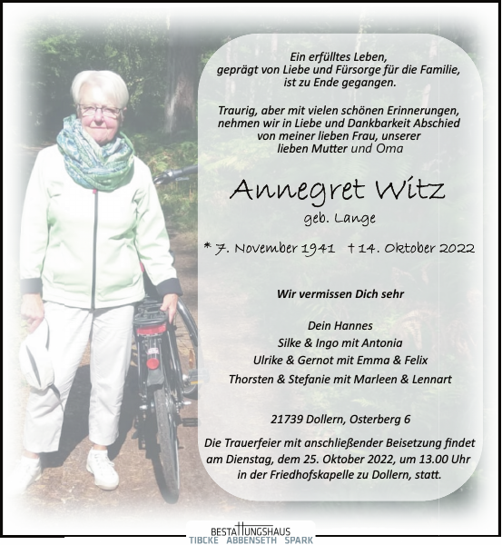 Annegret Witz: Traueranzeige : Stader Tageblatt