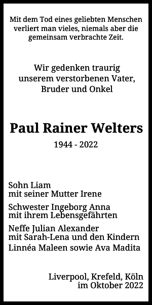 Paul Rainer Welters: Traueranzeige : Westdeutsche Zeitung