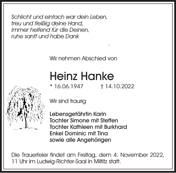 Heinz Hanke : Traueranzeige : Sächsische Zeitung